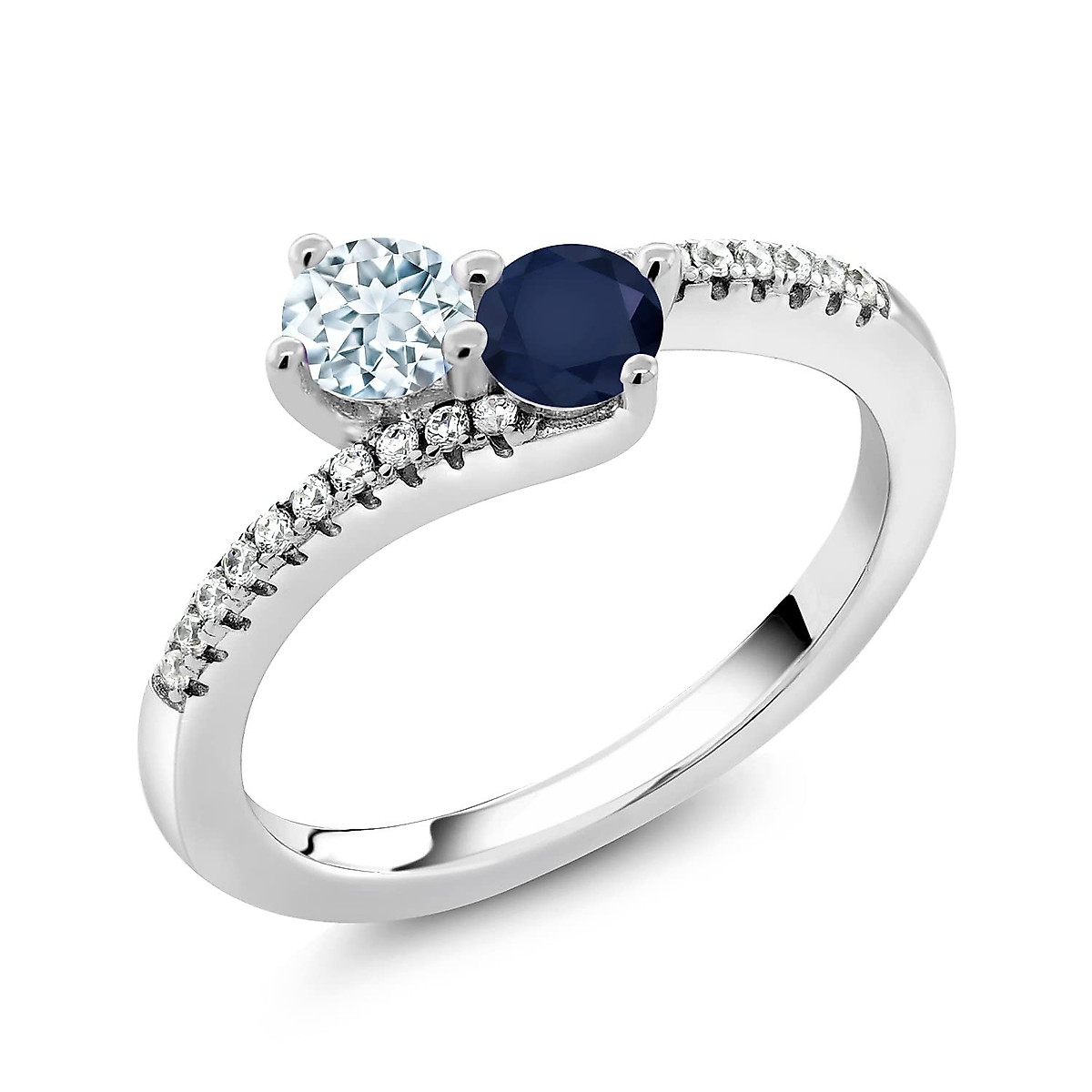 Gem Stone King 925 Sterling Silver Sky Blue Aquamarine and Blue Sapphire Bypass Ring For Women (0.84 Cttw, Gemstone March Birthstone, Round 4MM, Available In Size 5, 6, 7, 8, 9)
