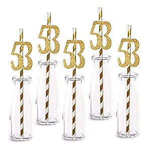 53rd Birthday Paper Straw Decor, 24-Pack Real Gold Glitter Cut-Out Numbers Happy 53 Years Party Decorative Straws