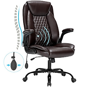 Seevoo Office Chair Desk Chair High Back Computer Chair - Adjustable Lumbar Support with Flip-Up Arms PU Leather Chair with Spring Cushion