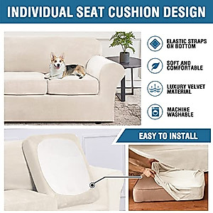 H.VERSAILTEX Modern Velvet Plush 4 Piece High Stretch Sofa Slipcover Sofa Cover Furniture Protector Form Fit Luxury Thick Velvet Sofa Cover for 3 Cushion Couch, Machine Washable (Sofa,Ivory)
