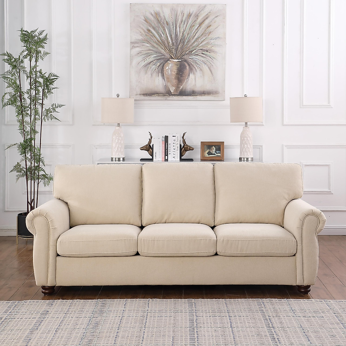 GIA Furniture Home Series Mid-Century Modern 84.65'' Wide Fabric Chenille Couch 3-Seater Sofa with Solid Wood Frame and Brown Legs,Beige