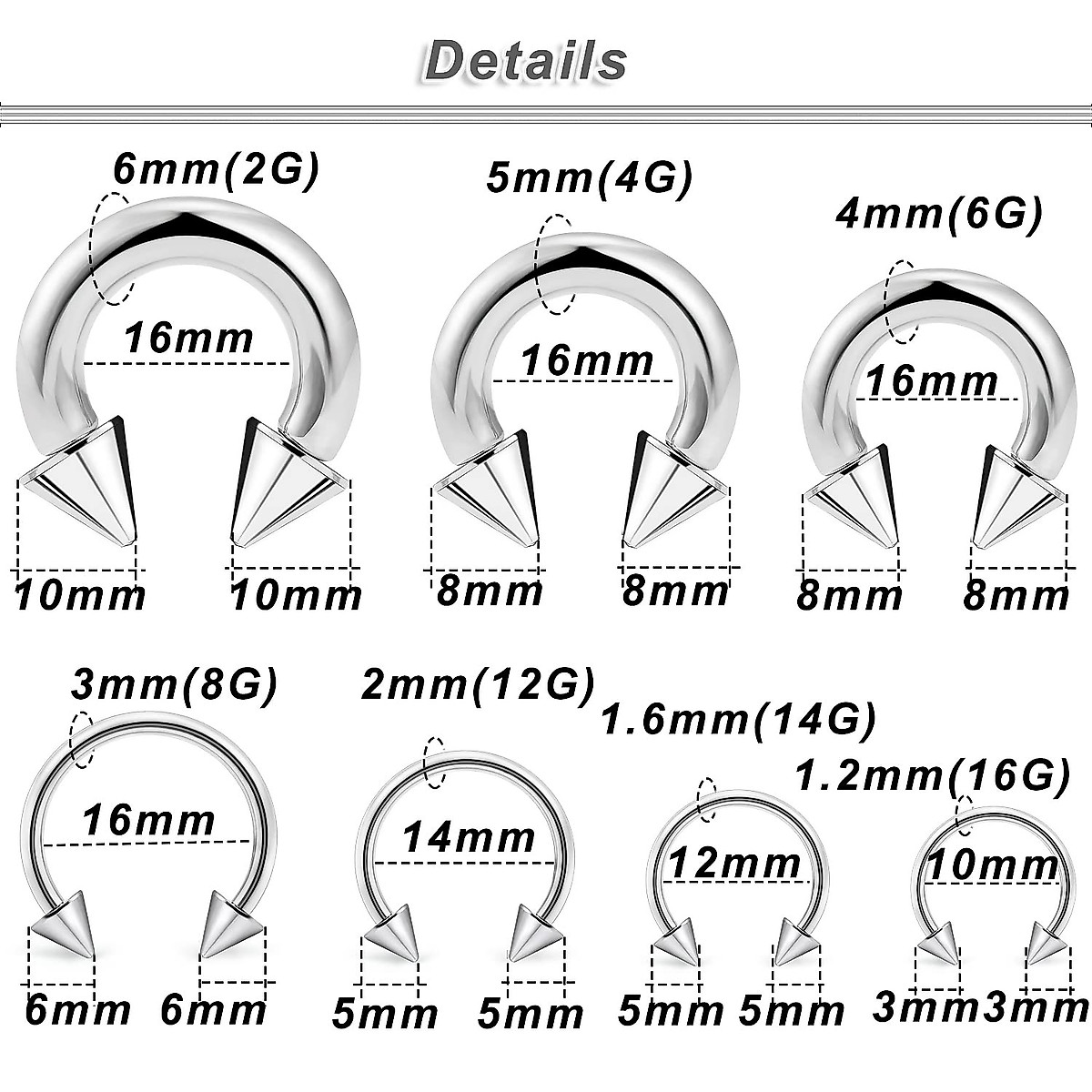 Ocptiy 0G 2G 4G 6G 8G 12G 14G 16G Ear Earrings Gauges Septum Plugs Tunnels Stretching Kit Surgical Stainless Steel Horseshoe Eyebrow Lip Belly Nipple Ring Cartilage Helix Tragus Earrings Piercing Kit