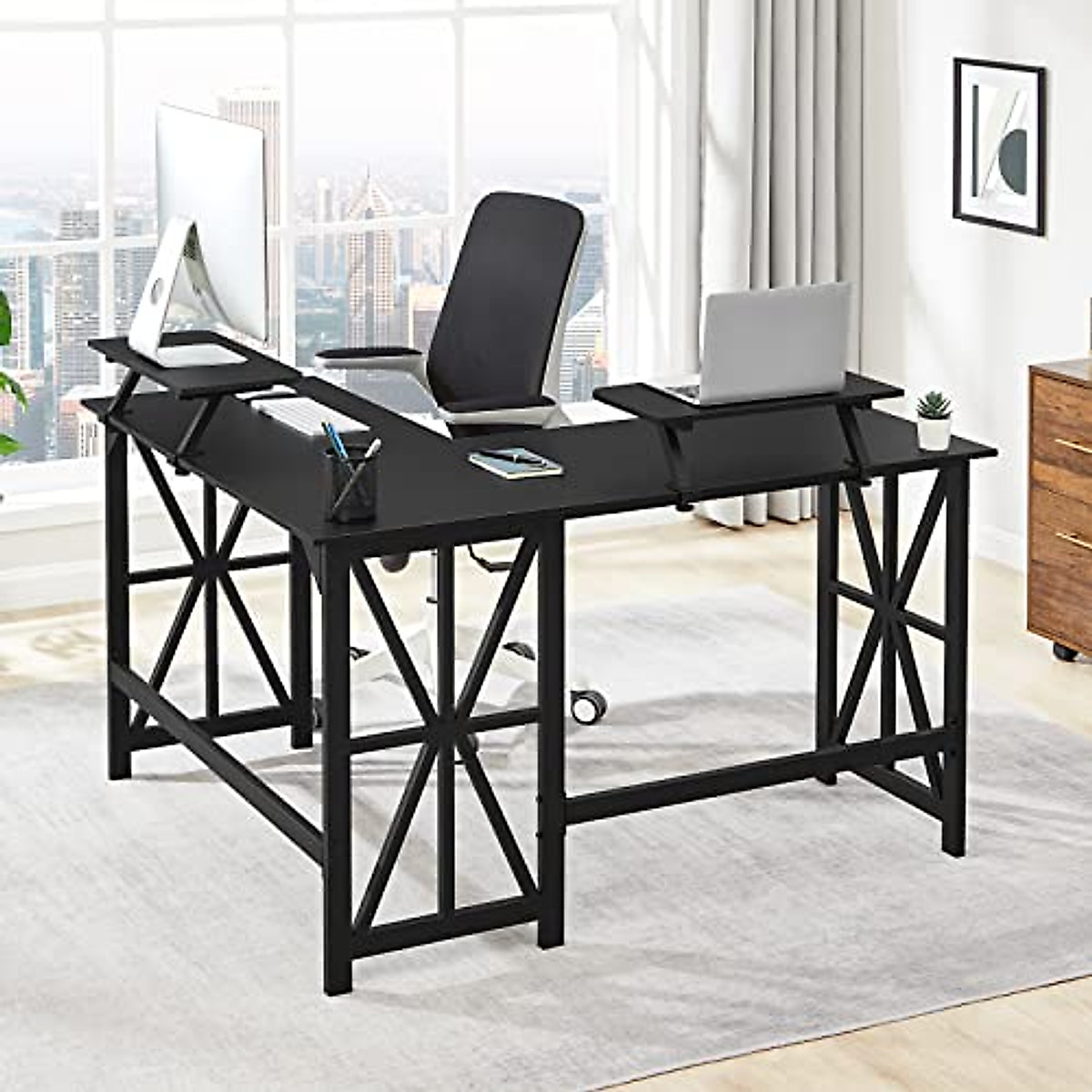 GreenForest L Shaped Desk with 2 Monitor Stand 50.4 inch Reversible Corner Computer Desk Home Office Gaming Workstation Easy Assembly,Black