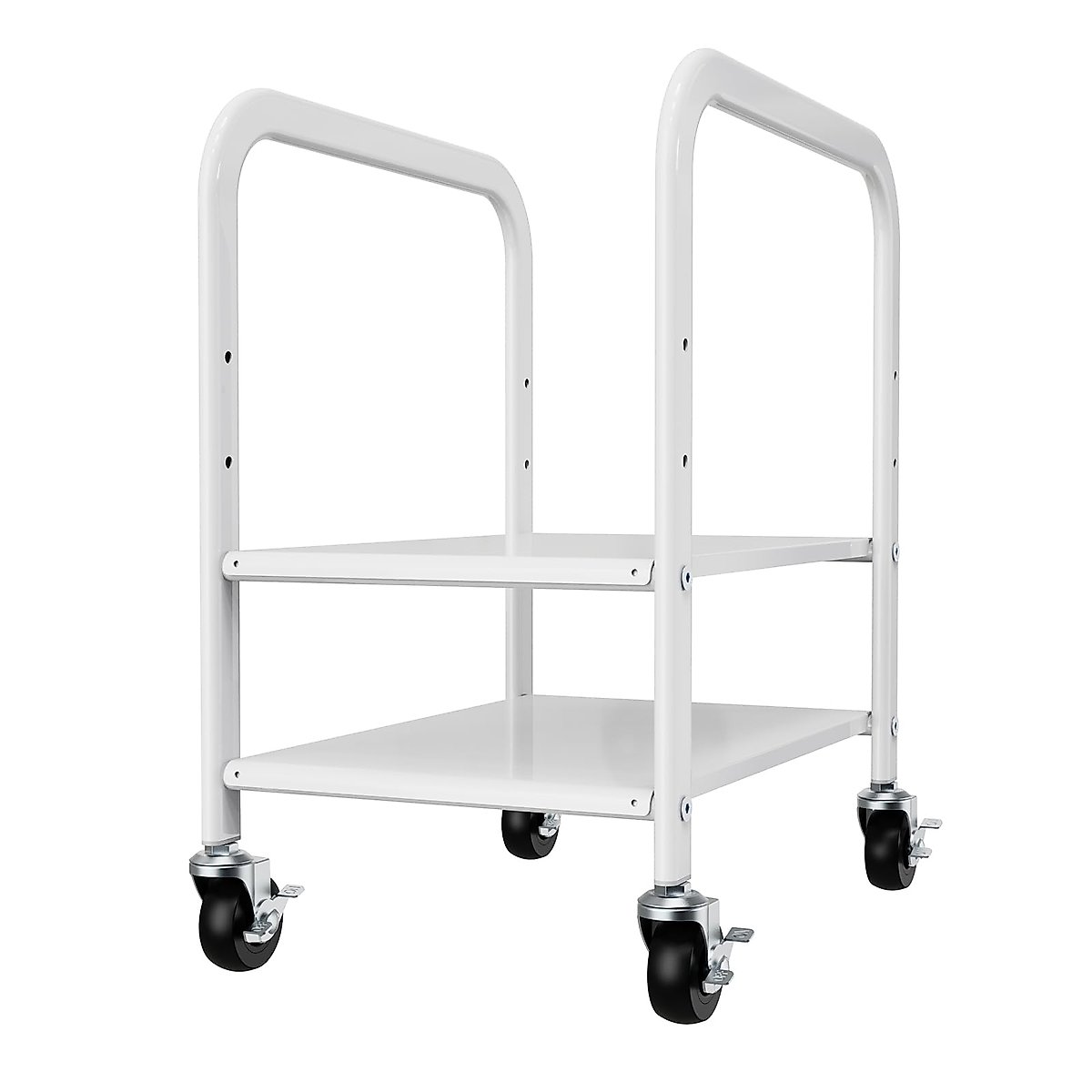 360Tronics Computer Tower Stand White, 2-Tier Height Adjustable Desktop PC Stand for Carpet, Mobile Tower Cart Under Desk, Full Metal Rolling CPU Holder with 360° Locking Wheels for Office Home