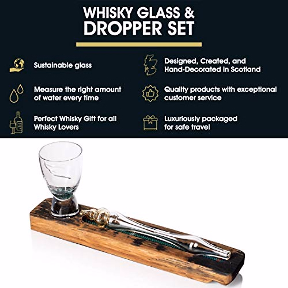 Whiskey Tasting Set with Water Dropper, Pot Still Top & Mini Whisky Glass - Set Includes Glass Whisky Water Pipette for Scotch, Whiskey, Bourbon and Rye - Whiskey Gift by Angels' Share Glass