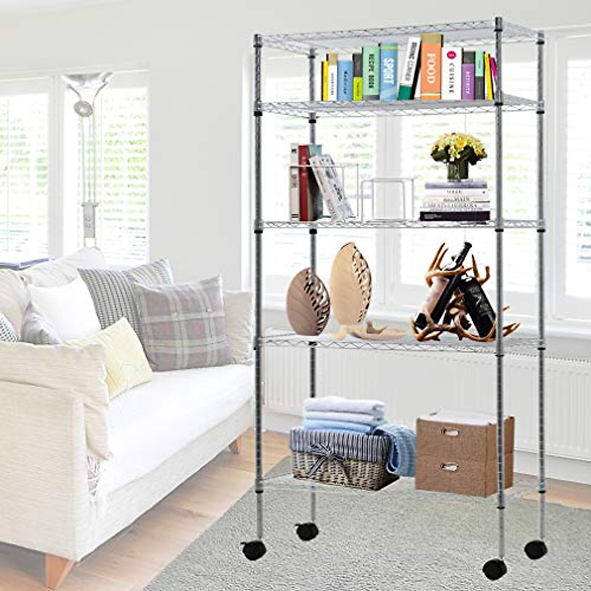 Metal Storage Shelves 5 Tier Wire Shelving Unit with Wheels, NSF Wire Shelf Utility Commercial Grade Heavy Duty Height Layer Rack for Pantry Closet Kitchen Laundry Organization ,14”Wx30”Dx60”H,Chrome