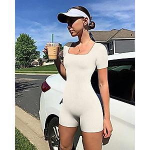 OQQ Women's Yoga Workout Ribbed Short Sleeve Sport Romper, Beige, Small