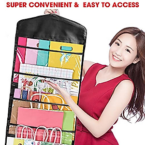 Primode Gift Bag and Tissue Paper Storage, Hanging Organizer with Multiple Front and Back Pockets Double Sided, Organize Gift Wrap and Paper Bags 38 x 16 Inch (Full Black)