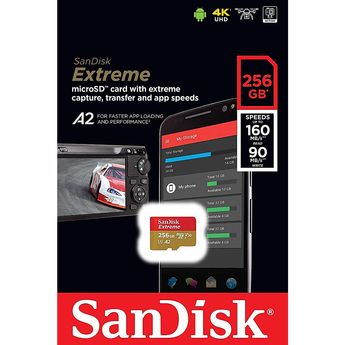 SanDisk Extreme V30 A2 (Bulk 2 Pack) 256GB Micro SD Card for DJI FPV Drone (SDSQXA1-256G-GN6MN) UHS-I U3 Class 10 4K SDXC Bundle with (1) Everything But Stromboli MicroSDXC Memory Card Reader
