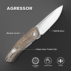 Kizer Agressor EDC Knife, 2.99 In 154CM Steel Blade Pocket Knife Green Micarta Handle Front Flipper Tools V3629C1