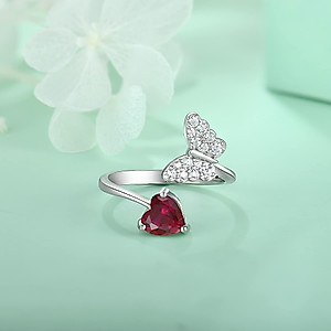 FJ 925 Sterling Silver Butterfly Ring Open Adjustable Ring Ruby July Birthstone Jewelry Gifts for Women Size 8