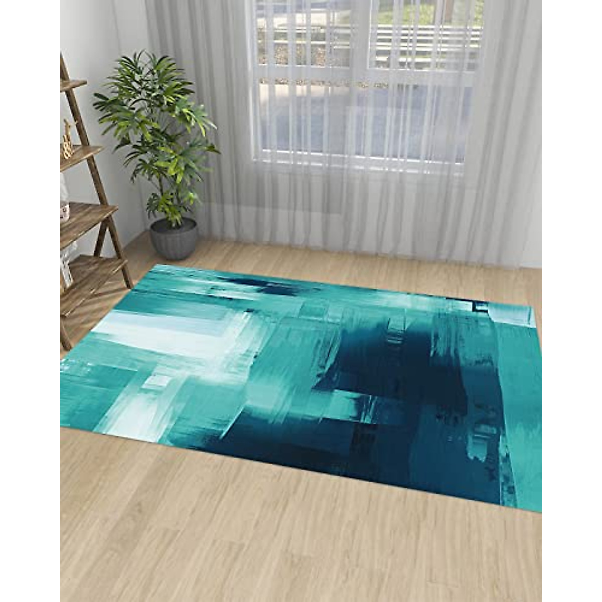 Anzona Painting Teal Indoor Area Rug 3 Ft x 5 Ft, Green Modern Abstract Art Non-Slip Runner Rug for Kids Room, Ombre Oil Print Texture Living Room Bedroom Bathroom Decor Floor Carpets