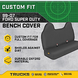 Caterpillar Custom Fit Front Bench Seat Cover with Utility Pockets for Ford F250 / F350 / F450 / F550 (1999-2007) - Durable Black Oxford Super Duty Interior Truck Seat Cover