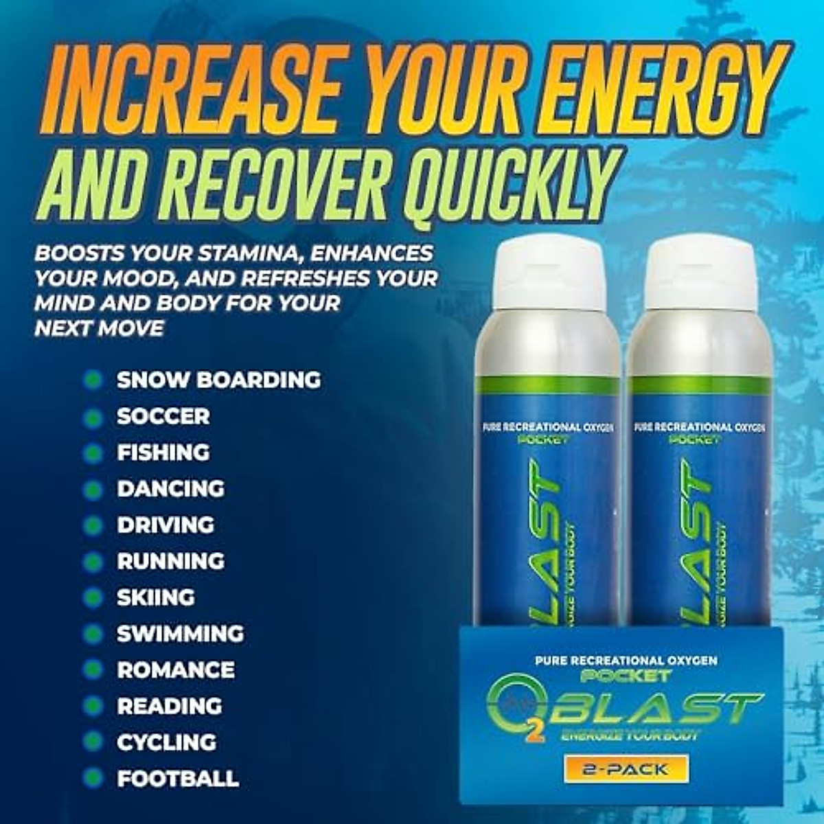 O2 Blast - Pure Oxygen Supplement, Quick Recovery for Exercise and Focus, Sanitary flip top Cap (4 Liter Oxygen Canisters - 2 Pack - Natural)