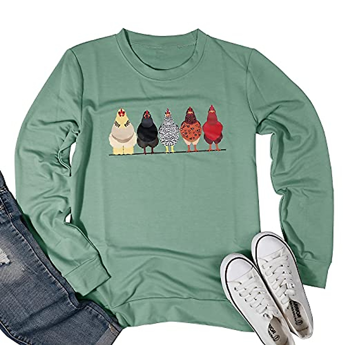 VILOVE Cute Sweatshirts for Women Chicken Graphic Long Sleeve Crew Neck Pullover Casual Fall Tops Shirts Green