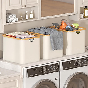 Lifewit 42L Collapsible Storage Bin with Bamboo Handles, Foldable Storage Basket for Organizer, Storage Cubes for Closet and Shelves, Dorm, Laundry Room, Bedroom, White, 3 Pack