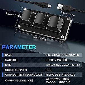 Ecarke Black USB Mini 3-Key Gaming keypad Cherry Shaft OSU Keypad Hotswap One Handed Mechanical Gaming Keyboard Programming Macro RGB Backlit OSU HID Standard Keyboard