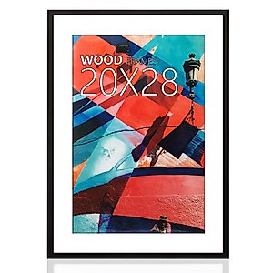 POUKROO 20x28 Poster Frame Matted to 16x24 Black Soild Wood Display Picture Puzzle Artwork Canvas Art Painting 16 by 24 with Mat Opening or 20 x 28 without Mat Horizontal or Vertical for Wall Hanging