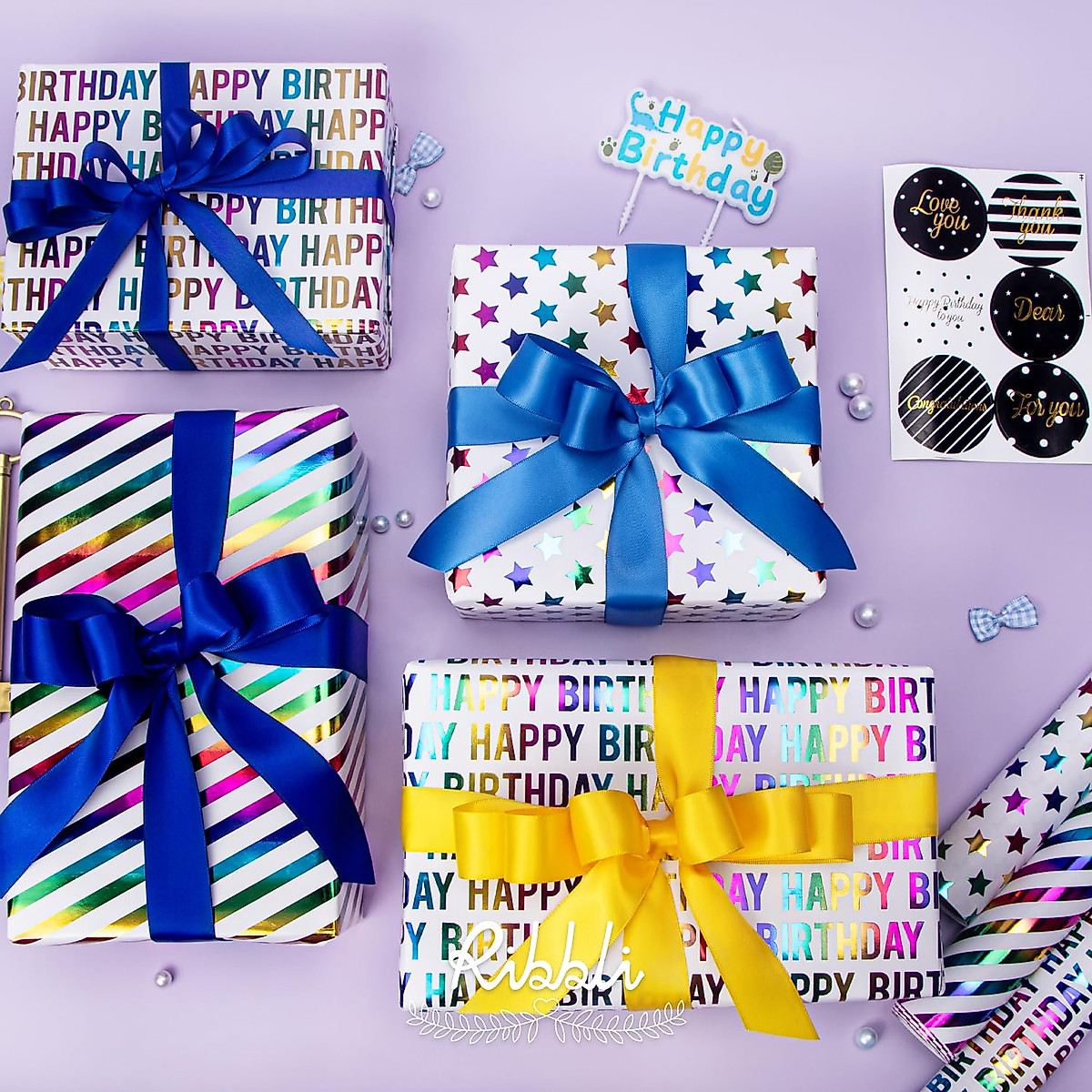 Ribbli Birthday Wrapping Paper Iridescent Gift Wrap Mini Roll, 3 Rolls Happy Birthday Stars Stripes Printed for Boys Kids - 17 inch x 120 inch(10feet) Per Roll
