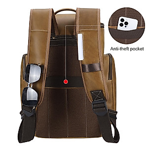 Masa Kawa Leather Backpack for Men 15.6 Inch Laptop Large Capacity Vintage College School Bag Hiking Daypack