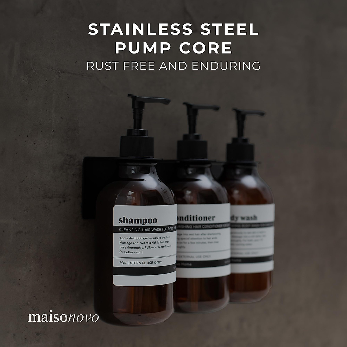 MAISONOVO Shampoo and Conditioner Dispenser with Wall Mounts - 5 Black Plastic Bottles with Black Pump and 2 Amber Bottles, No Drill, Easy Install, Ideal for Home, Office, or Commercial Use