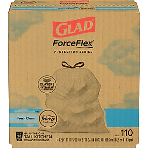 GLAD ForceFlex Tall Kitchen Drawstring Trash Bags, 13 Gallon Grey Trash Bag for Kitchen, Fresh Clean with Febreze Freshness and Leak Protection, 110 Count
