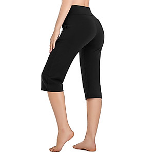 RIMLESS 7 Women's Capri Pants with Pockets Lounge Crop Yoga Pants Tummy Control Stretch Workout High Waist Athletic Pants P03-Black-L
