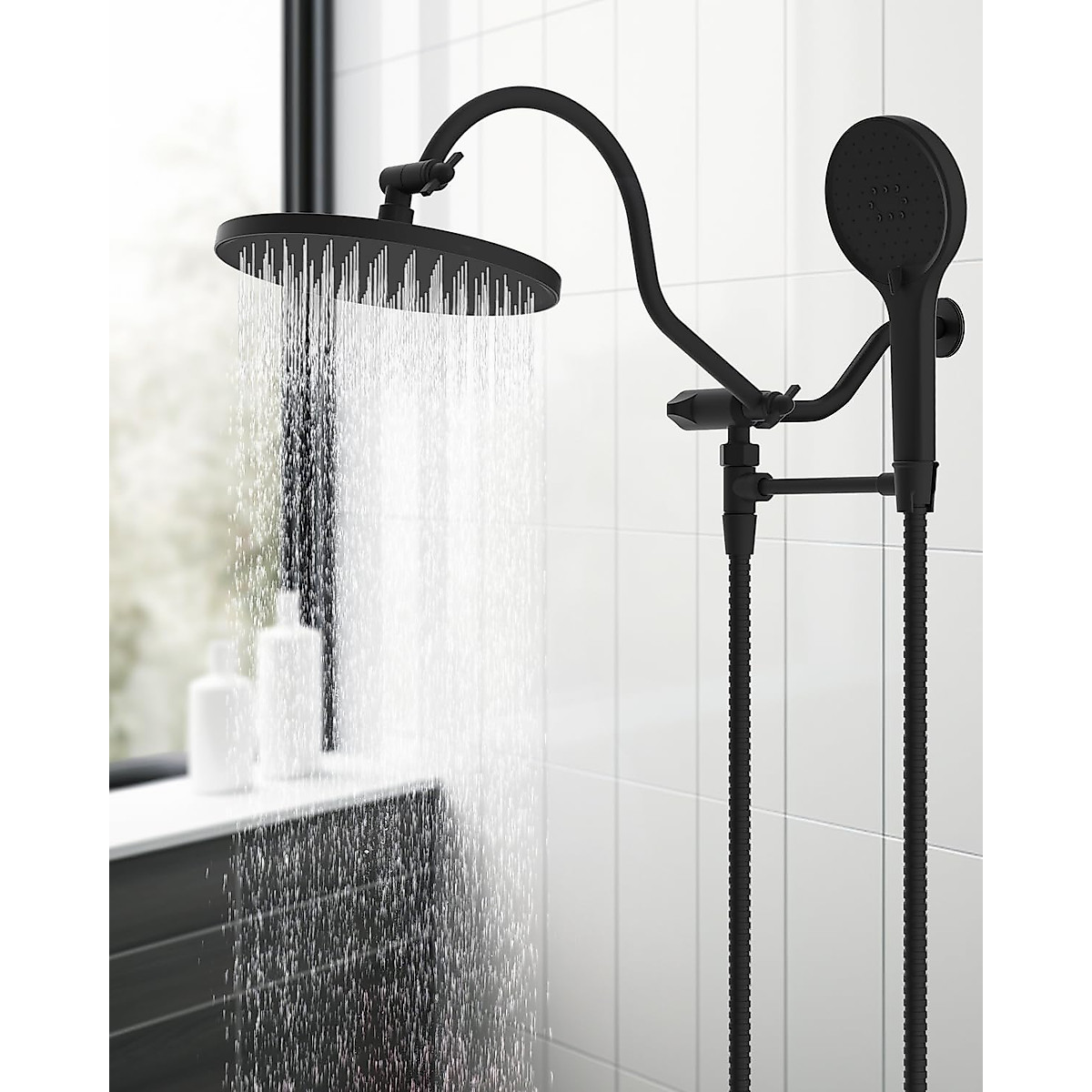 Hibbent Self-cleaning Shower Head, 10'' High Pressure Rainfall Shower Head, Showerhead Combo/Handheld Shower Head, 12'' Adjustable Curved Shower Extension Arm, 71'' Hose, 2 Shower Holders, Matte Black