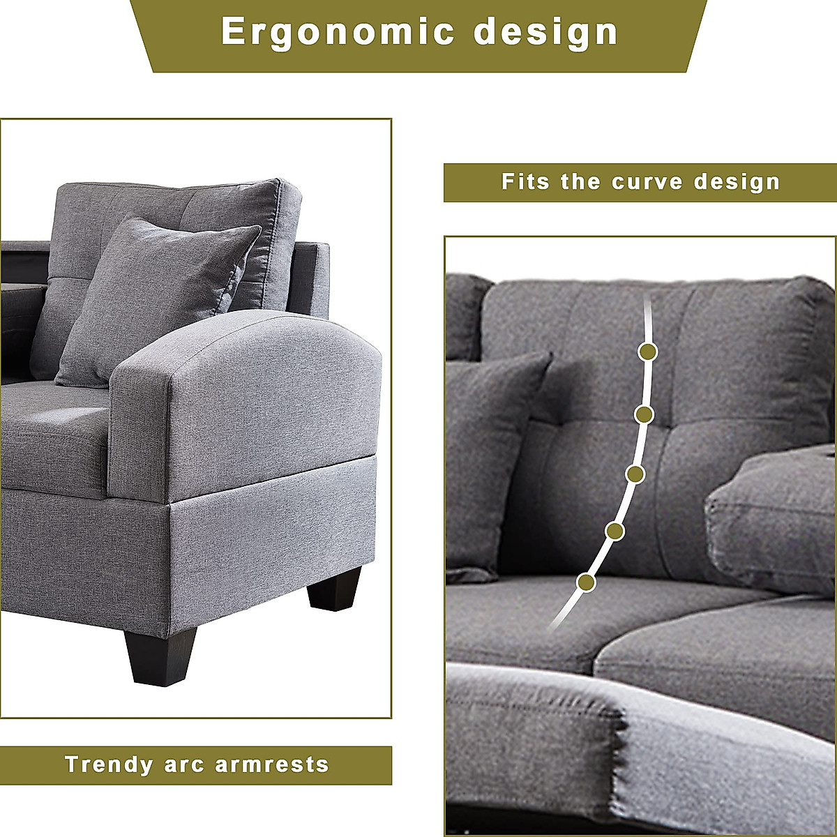 Unovivy Sectional Couches for Living Room, 109" L Shaped Upholstered Sofa with Chaise, Ottoman and Cup Holders, 3-Piece Fabric Furniture Sets, Suitable for Large Space & Apartment, Gray