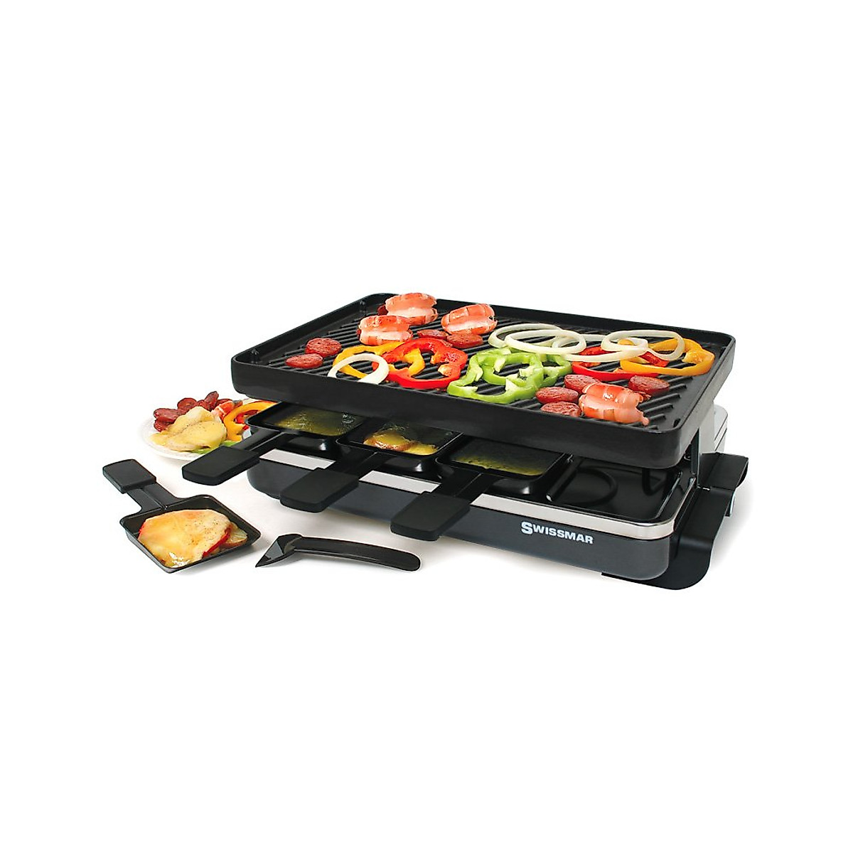Swissmar Classic 8-Person Raclette Party Grill - Indoor Electric Grill & Griller with Reversible Cast Iron Grill Plate/Crepe Top - Anthracite Black
