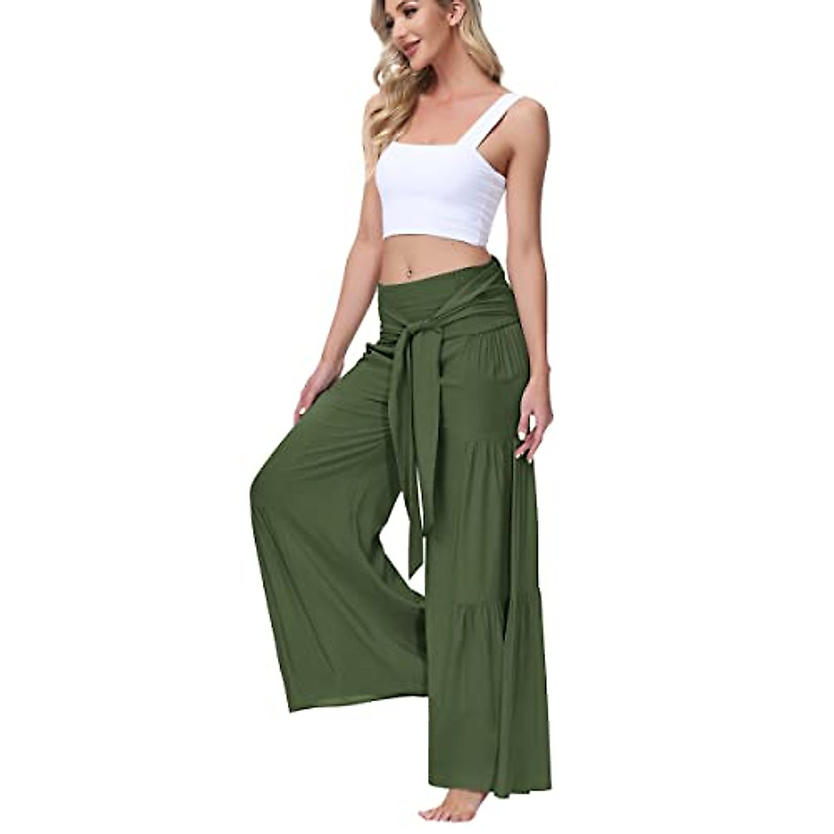 Atoindemiy Women's Boho Elastic High Waisted Ruffle Hem Wide Leg Loose Yoga Palazzo Pants with Belt (XL, SLJH004)