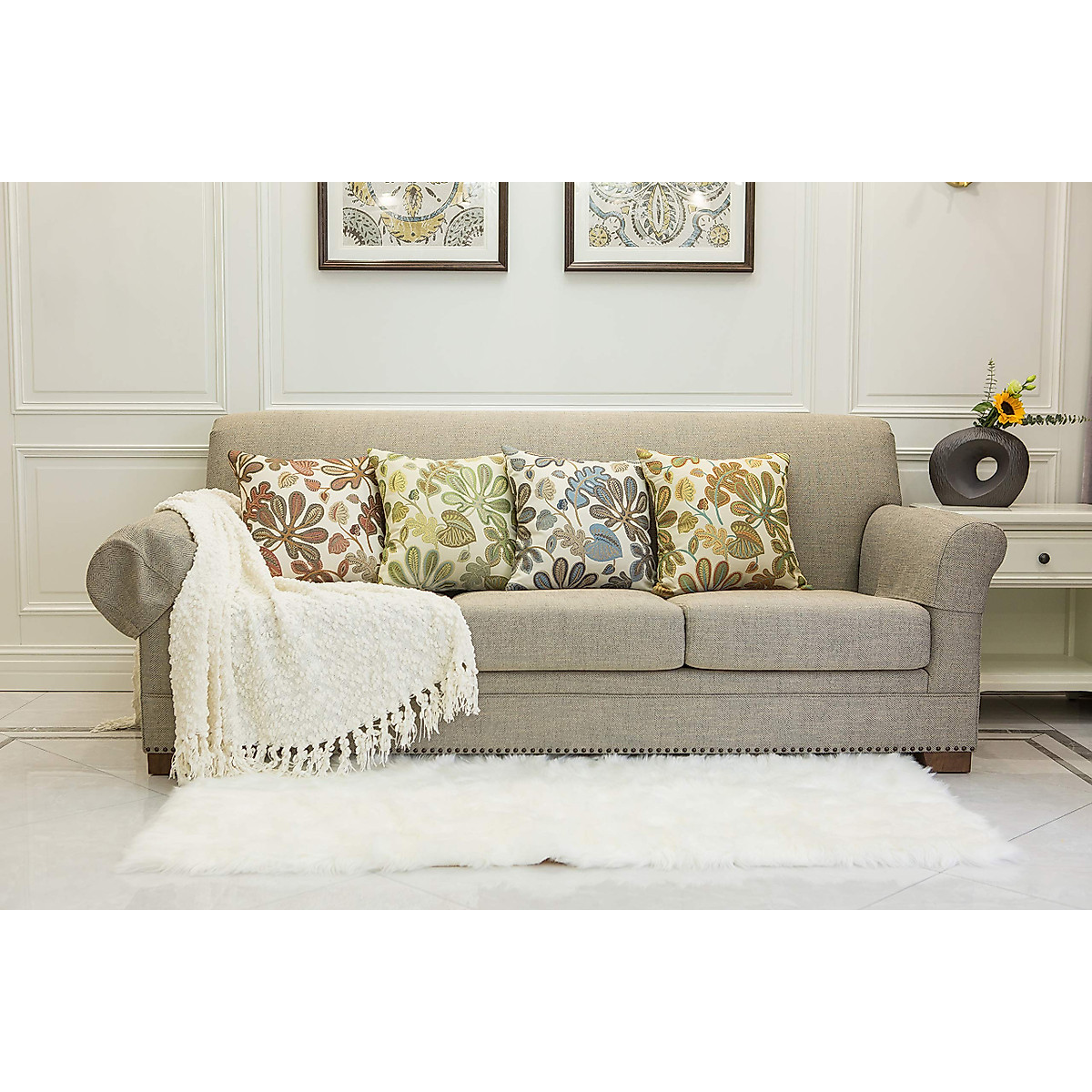 Mika Home Set of 2 Jacquard Tropical Leaf Pattern Throw Pillow Covers Decorative Pillowcase 20X20 Inches,Blue Cream