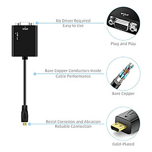 Unkonwn Micro HDMI to VGA Micro HDMI to VGA Converter with 3.5 mm Audio Jack, Compatible with Laptop