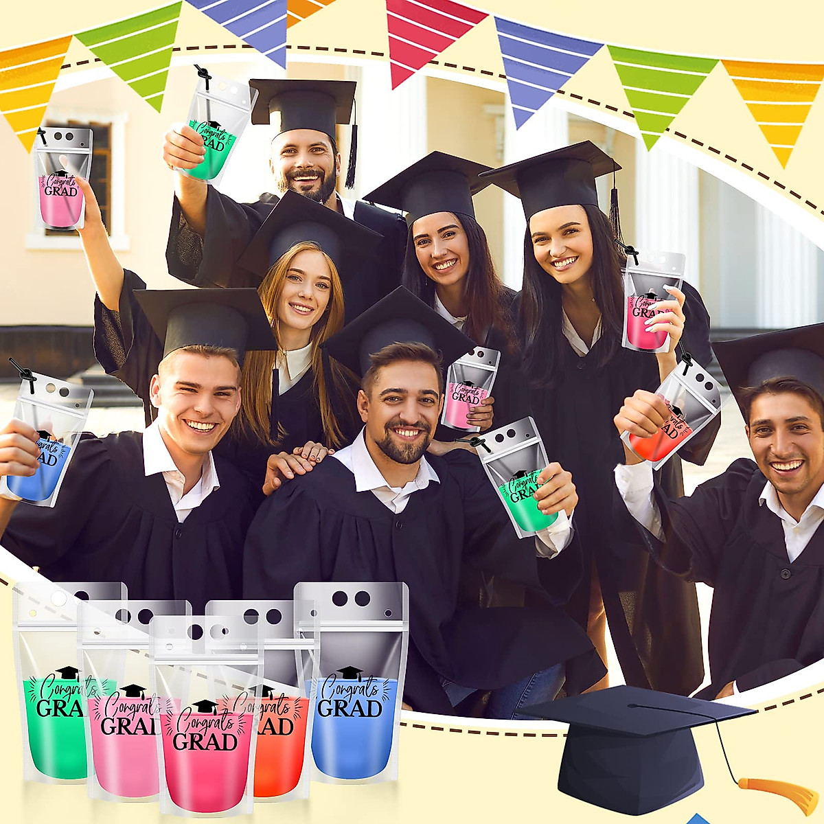 Lallisa Graduation Party Supply Drink Pouches for Adults with Straws Plastic Smoothie Bags Translucent Reclosable Beverage Juice Milk Tea Coffee Pouches for Adults Student School(48 Pcs)