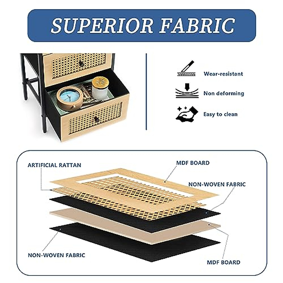 DOVAMY Rattan Nightstand with 2 Drawers, End Table for Small Spaces, Side Table with Storage for Bedroom, Living Room, Dorm, 27.5'' Bed Stand with Open Shelf, Beige BN03B