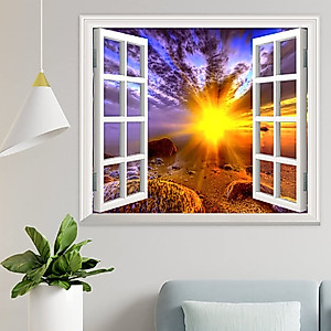 3D Wall Decals Window Looking Out Beach Ray Ocean Wall Stickers Murals Wallpaper Art Decor for Living Room,Home Walls,Kids Room
