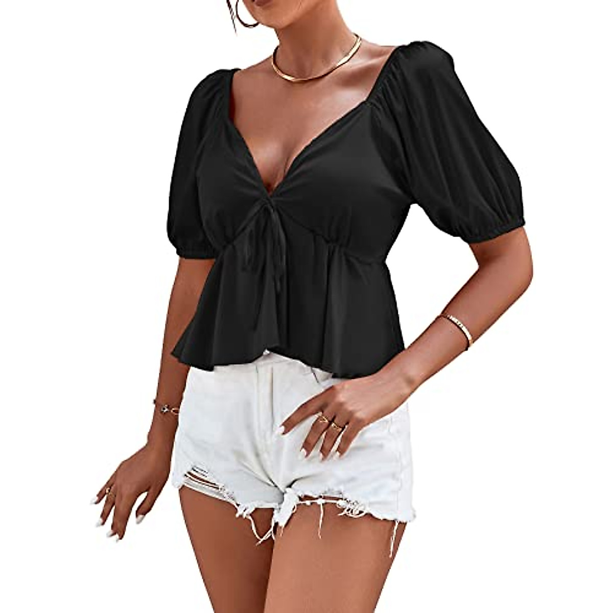 LYANER Women's Satin Deep V Neck Puff Short Sleeve Tie Front Ruffle Hem Blouse Crop Peplum Top Black Medium