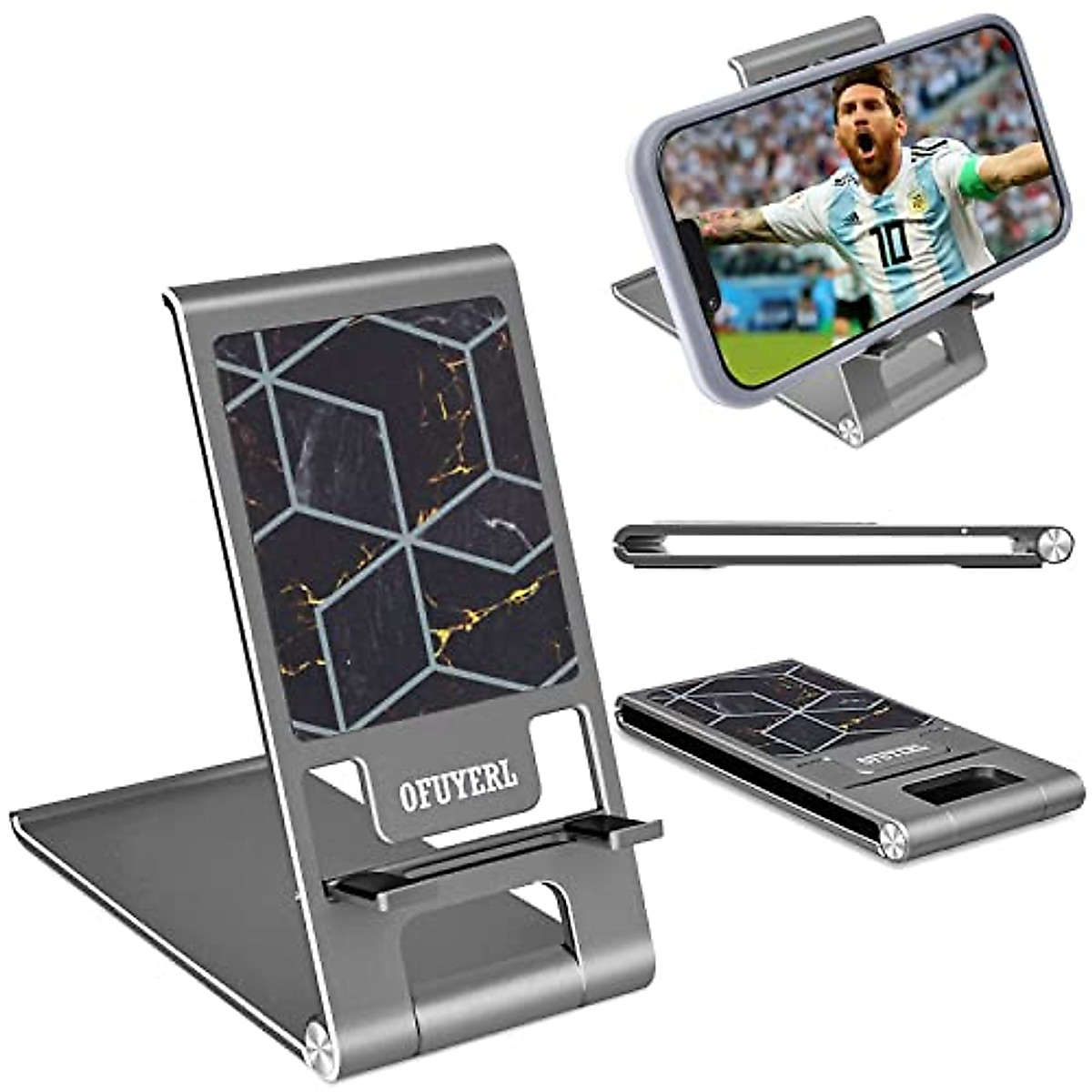 OFUYERL Fully Foldable Cell Phone Stand,Folds Flat Adjustable Portable Mobile Phone Holder for Desk,Travel Desktop Marble Cellphone Stand,Compatible with iPhone,Galaxy,All Smartphone (Grey,Black)
