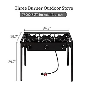 Outvita 3 Burner Propane Gas Stove for Outdoor Cooking, 225,000 BTU Camping Cooker with Removable Legs, Temperature Control Knobs for Backyard Cooking, BBQ, Baking and Frying