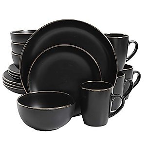 Gibson Home Rockaway Round Stoneware Dinnerware Set, Service for 4 (16pcs), Black/Gold Rim