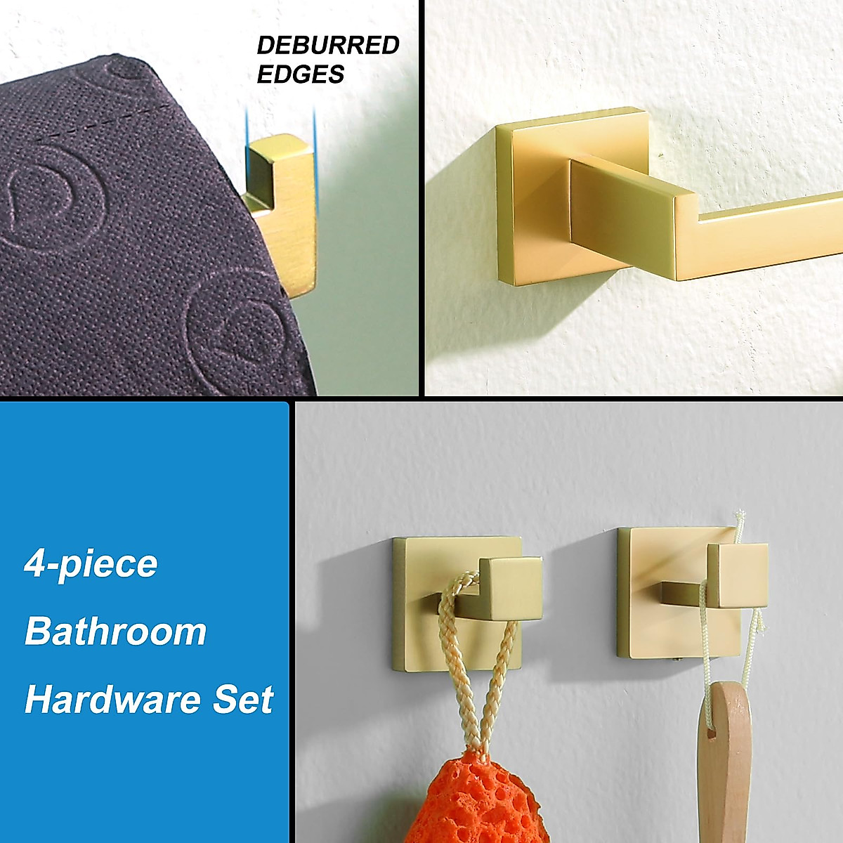 LANC 4 Piece Gold Bathroom Hardware Set, Square Brushed Gold 2 Pack Toilet Paper Holder and 2 Robe Towel Hooks, Stainless Steel Wall Mounted 2 Tissue Roll Holder and Coat Hooks Hanger, A8857BG