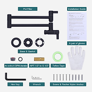 Pot Filler Faucet Matte Black, ARCORA Modern Pot Filler Wall Mount Folding Faucet 2 Handle with Double Joint Swing Arms Brass Stove Faucet