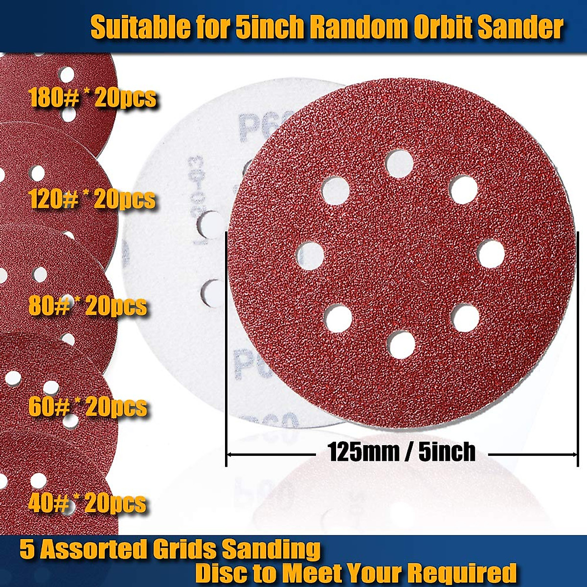 100pcs 5 inch Sanding Discs Hook and Loop, (8 Hole Orbital Sander Sandpaper, 20 x 40/60/80/120/180 Grit Orbital Sander Pads), Round Sandpaper Discs by AniSqui