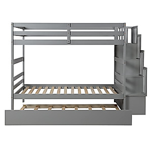 Harper & Bright Designs Stairway Bunk Bed Twin Over Twin with Trundle,Detachable Bunk Beds Twin Over Twin with Stairs,Wood Twin Bunk Beds with Storage Shelves for Kids Teens Girls Boys, Grey
