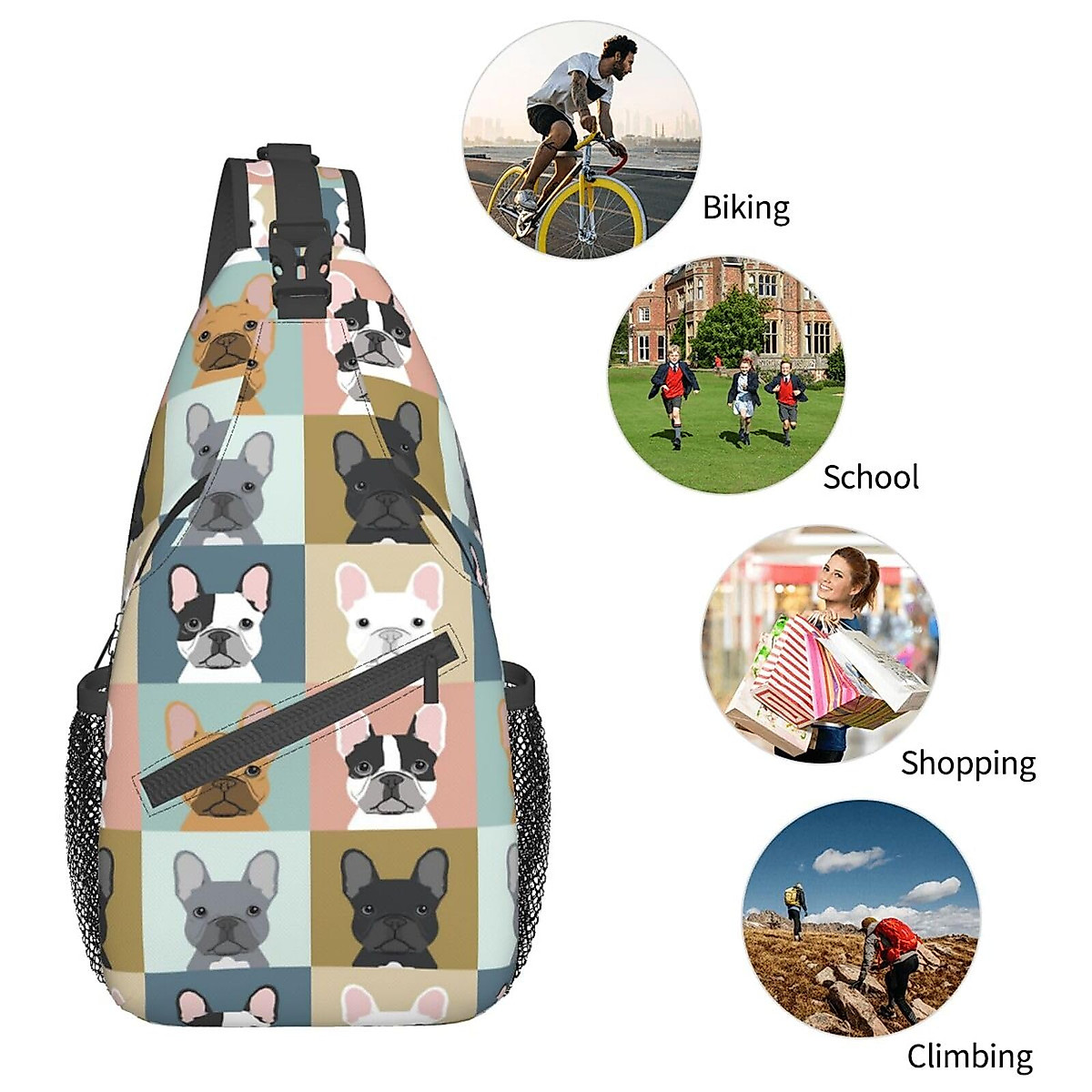 NOKOER French Bulldog Printed Crossbody Sling Backpack,Travel Hiking Chest Bag Daypack,Multipurpose Crossbody Shoulder Bag Small