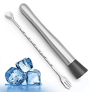 LNYFOUG 10 Inch Stainless Steel Cocktail Muddler and Mixing Spoon Ideal Home Bar Bartender’s Tool Sets for Mojito and Other Fruit Drinks