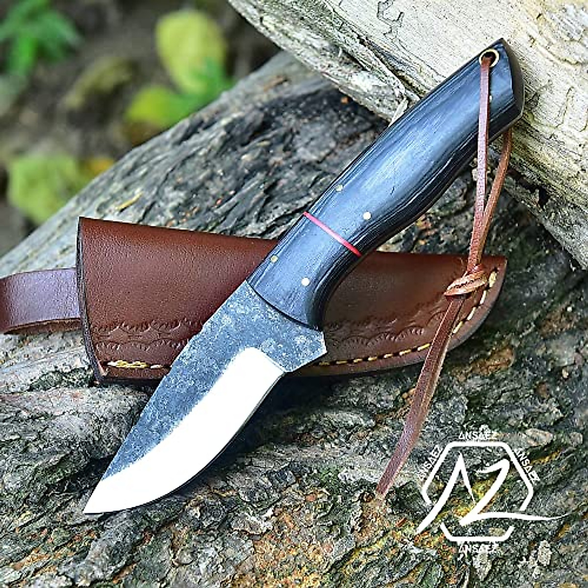 ZEASNA ZE-HK-51 Handmade Carbon Steel hunting knife with Leather Sheath Outdoor Full Tang Fixed blade Bushcraft Knife, survival knife for Hunting Camping Skinning with Wood Handle (Black)