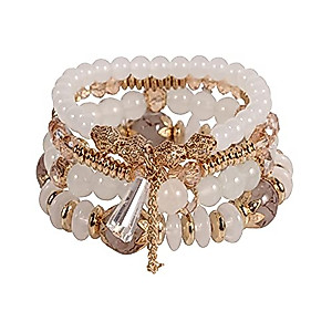 Solosoya Bohemian Stackable Bracelets Set for Women Multipack Multilayer Girls Elastic Rope Boho Colorful Stack Beads Bright Beaded Bracelets with Clear Vertebral Pendant Handmade Ladies Stretch Jewelry Accessories 6 Pack