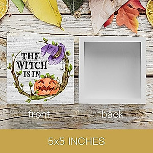 Country Halloween Wood Box Sign Fall Rustic Farmhouse Style the Witch is in Wood Block Plaque 5 X 5 Inches Home Desk Sign Decor for Halloween Presents