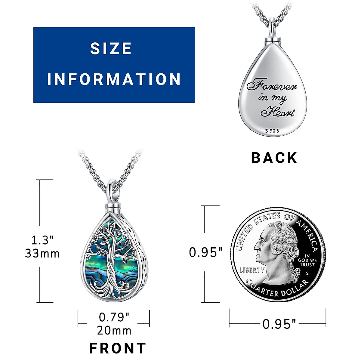 Eusense cremation jewelry tree of life Urn Necklace for human ashes of loved ones women men memorial Pendant Sterling Silver 925 keepsake earn lockets to put ashes in teardrop
